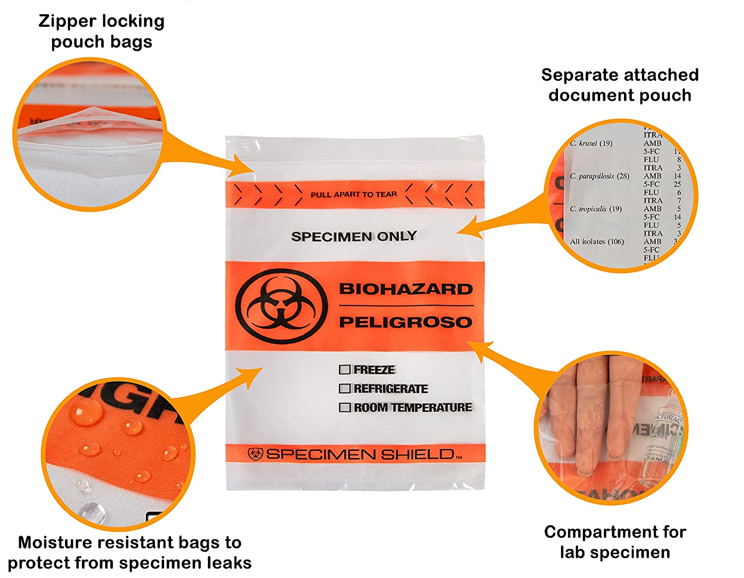 Orange and Black Zip Locking Tear Pouch Bag Seal Top Specimen Lab ...